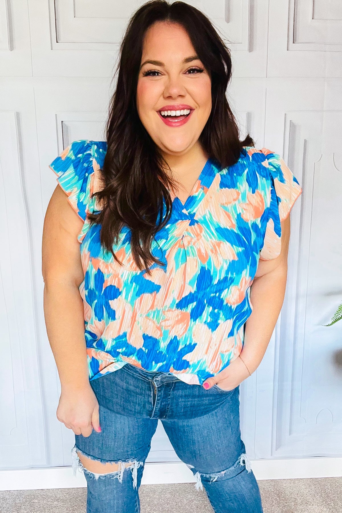 Tropical Breeze Turquoise Floral Banded V Neck Flutter Sleeve Top ...